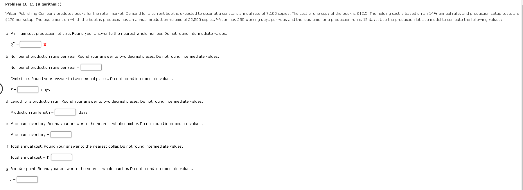 Solved Problem 10-13 (Algorithmic) Wilson Publishing Company | Chegg.com
