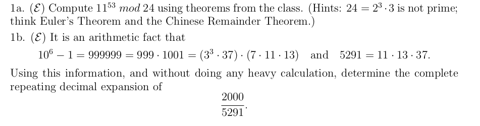 Solved = = . = la. (E) Compute 1153 mod 24 using theorems | Chegg.com