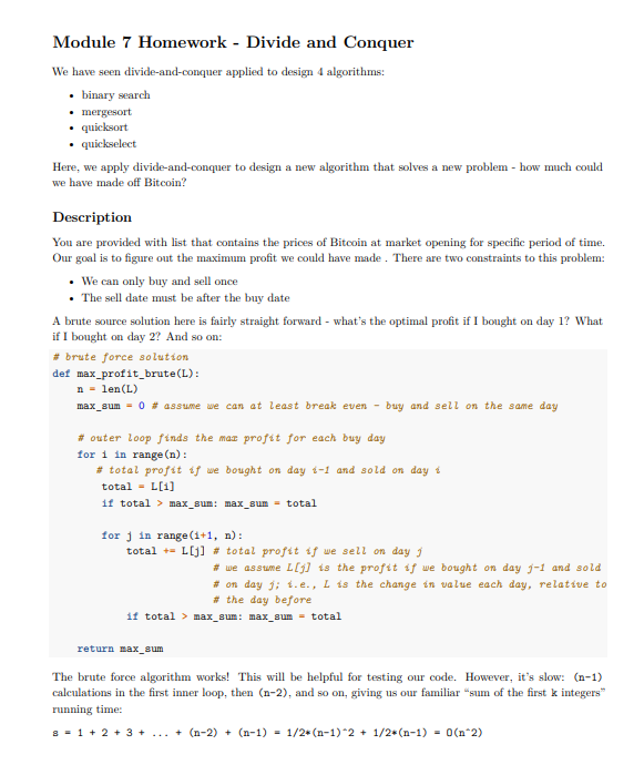 Solved Module 7 Homework - Divide and Conquer We have seen | Chegg.com