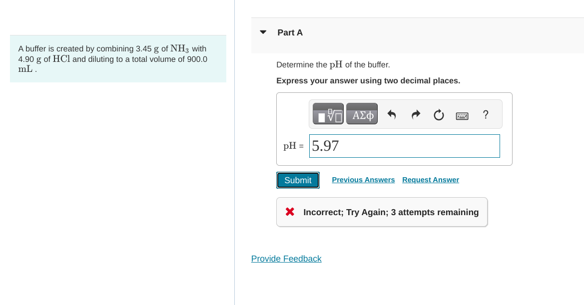 Solved A buffer is created by combining 3.45 g of NH3 with | Chegg.com