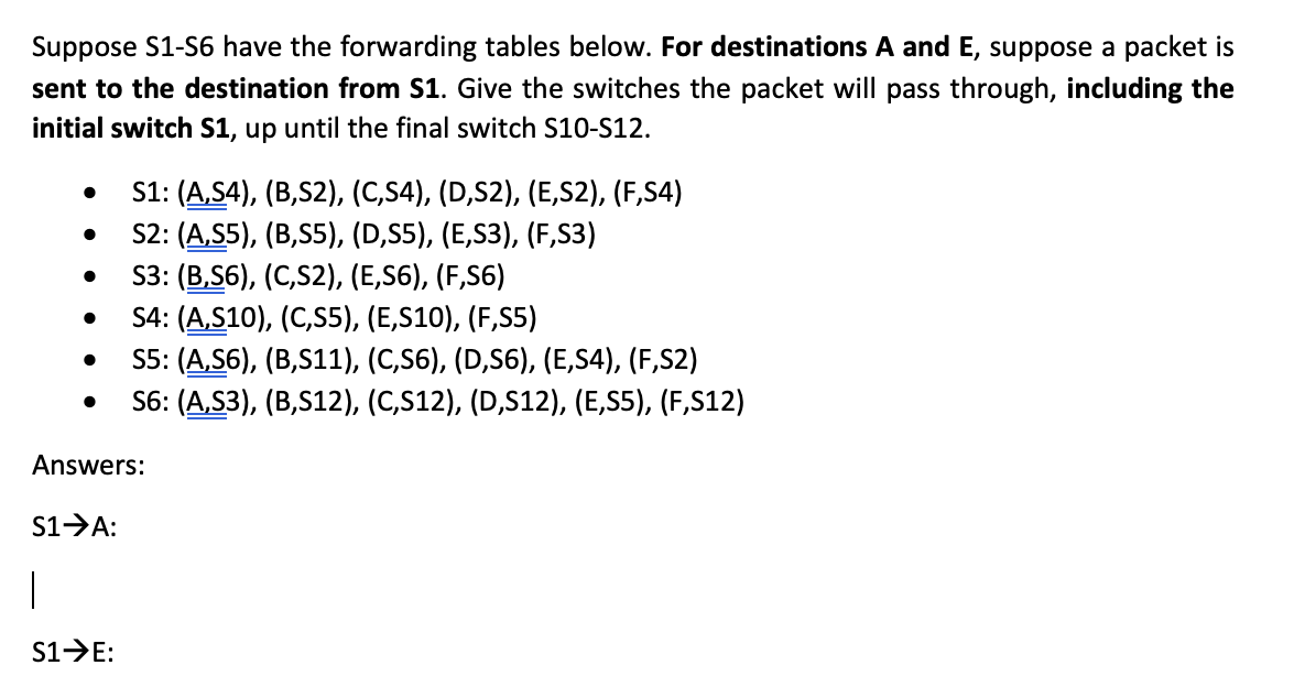 Solved Suppose S1-S6 have the forwarding tables below. For | Chegg.com