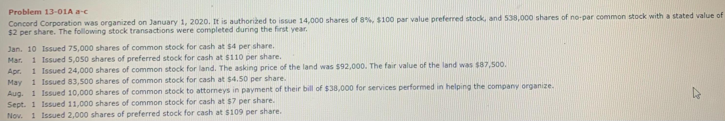 Solved Problem 13-01A a-c Concord Corporation was organized | Chegg.com