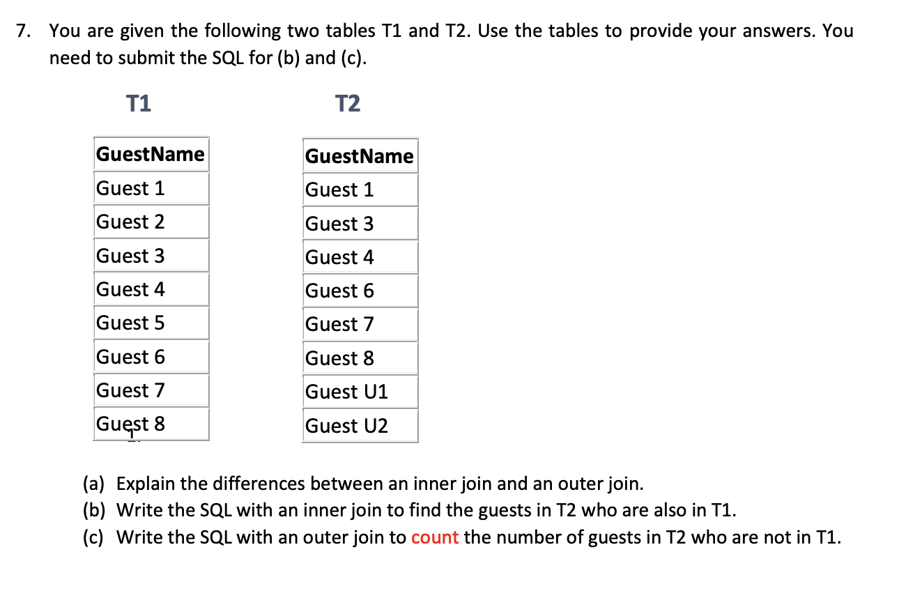 Solved 7. You are given the following two tables T1 and T2. | Chegg.com