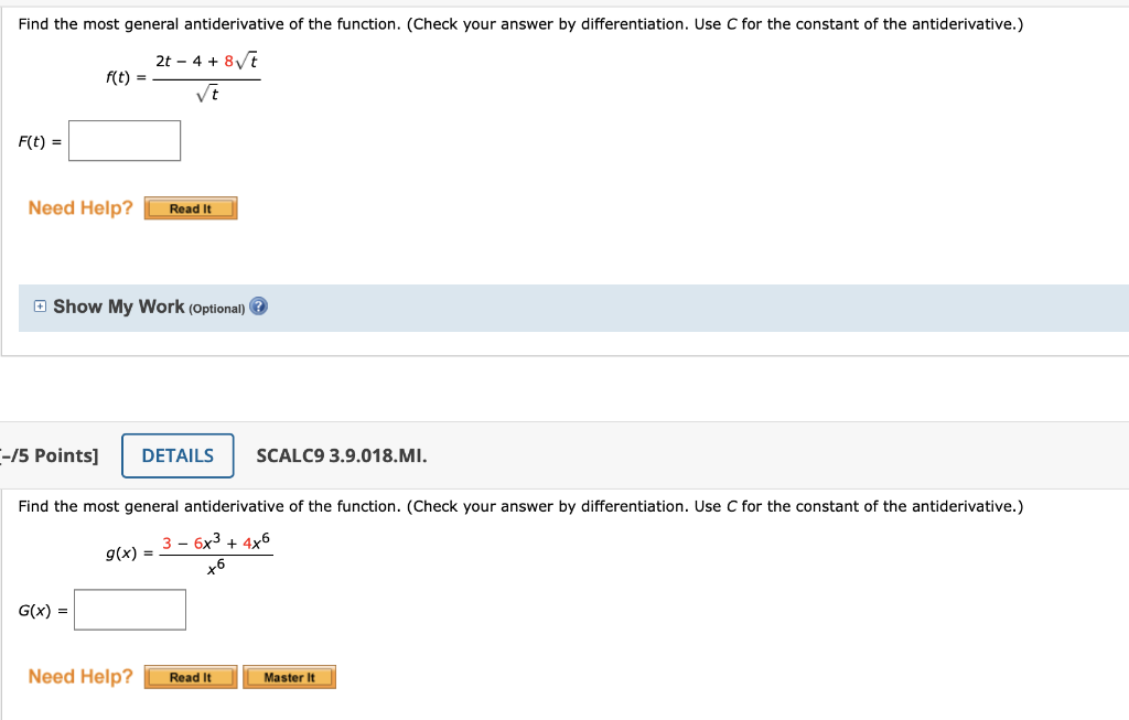 Solved Find The Most General Antiderivative Of The Function