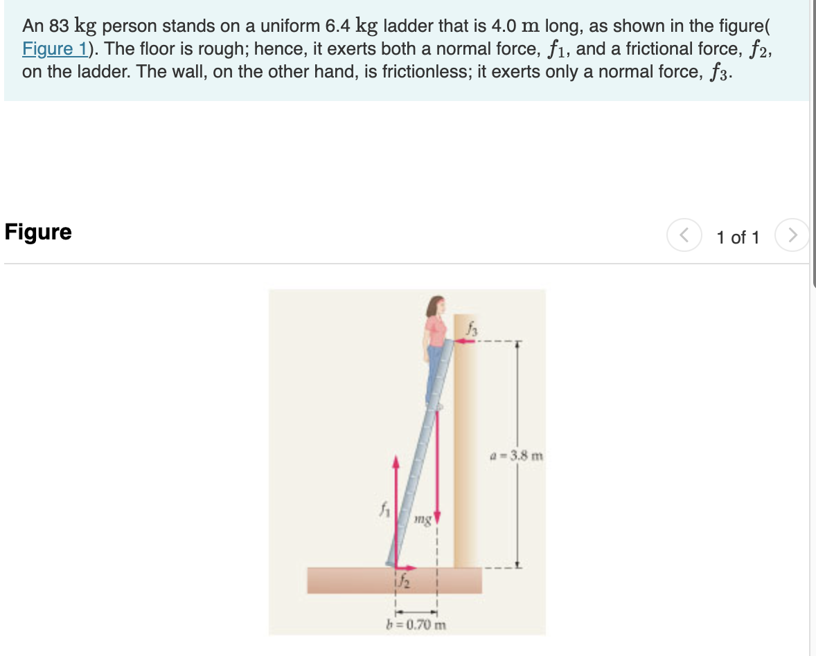 Solved An 83 kg person stands on a uniform 6.4 kg ladder | Chegg.com