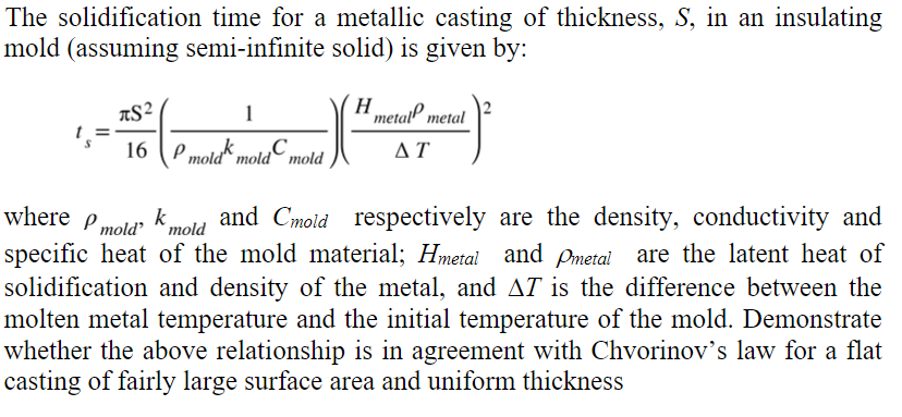 Solved The solidification time for a metallic casting of | Chegg.com