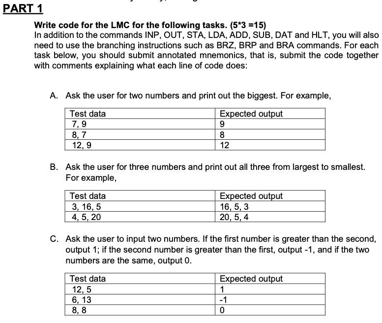 Solved PART 1Write code for the LMC for the following tasks. | Chegg.com