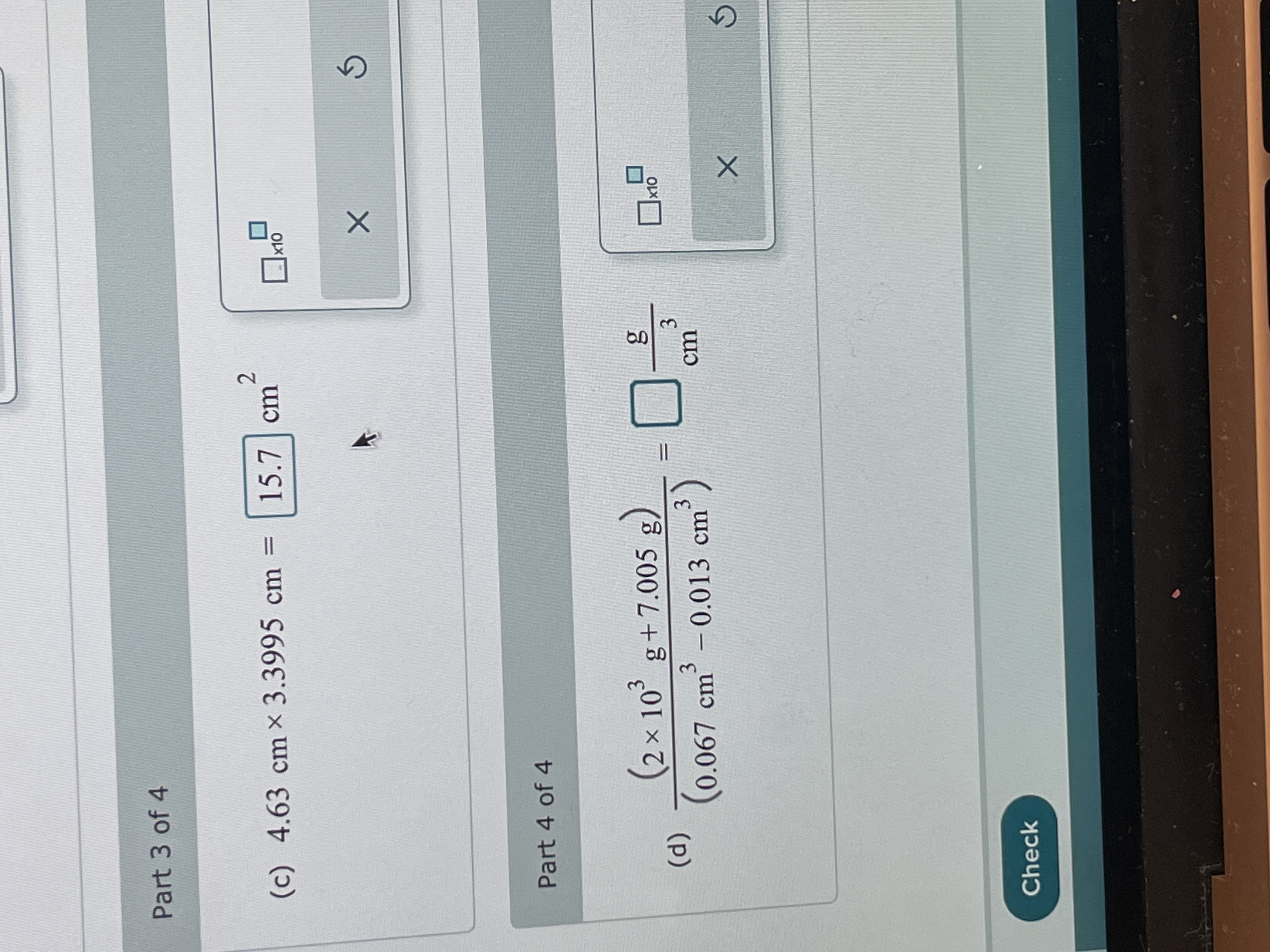 Solved Part 3 ﻿of 4(c) 4.63cm×3.3995cm=15.7cm2Part 4 ﻿of | Chegg.com