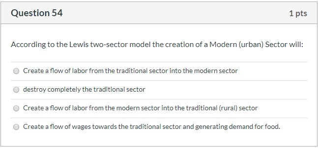 Solved Question 54 1 pts According to the Lewis two-sector | Chegg.com
