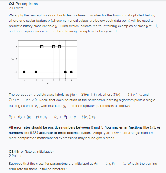 Q3 Perceptrons 20 Points We apply the perceptron | Chegg.com
