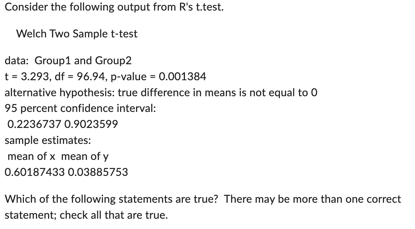 Solved Consider the following output from R's t.test. Welch | Chegg.com