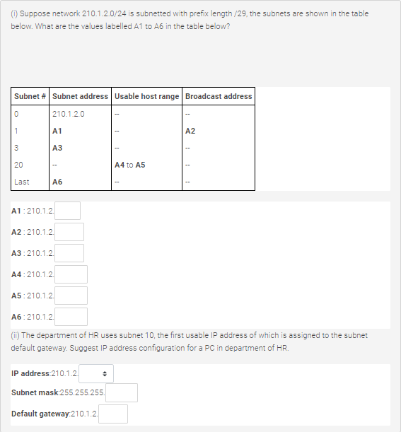 Solved (1) Suppose network 210.1.2.0/24 is subnetted with | Chegg.com