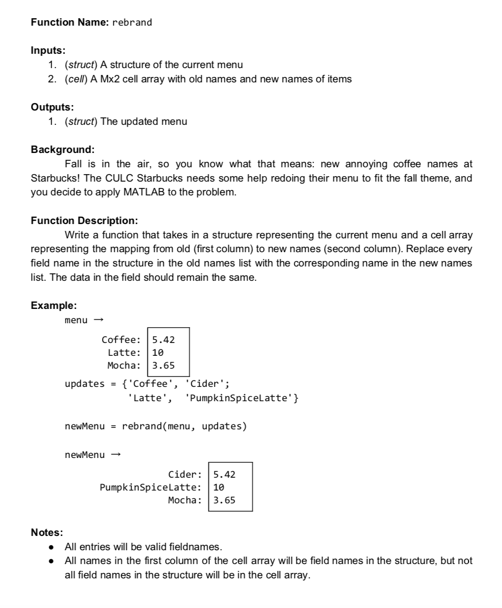 Function Name: rebrand Inputs: 1. (struct) A | Chegg.com