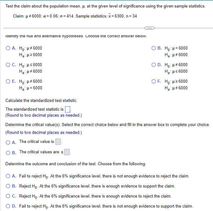 Solved Test the claim about the population mean, μ, at the | Chegg.com