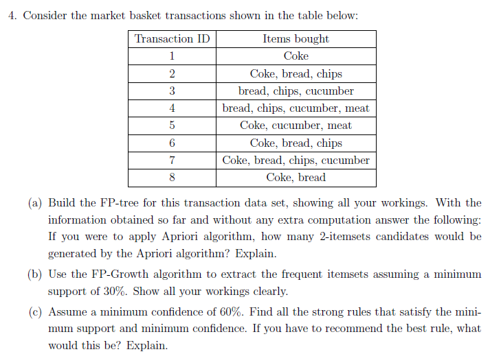 4. Consider the market basket transactions shown in | Chegg.com