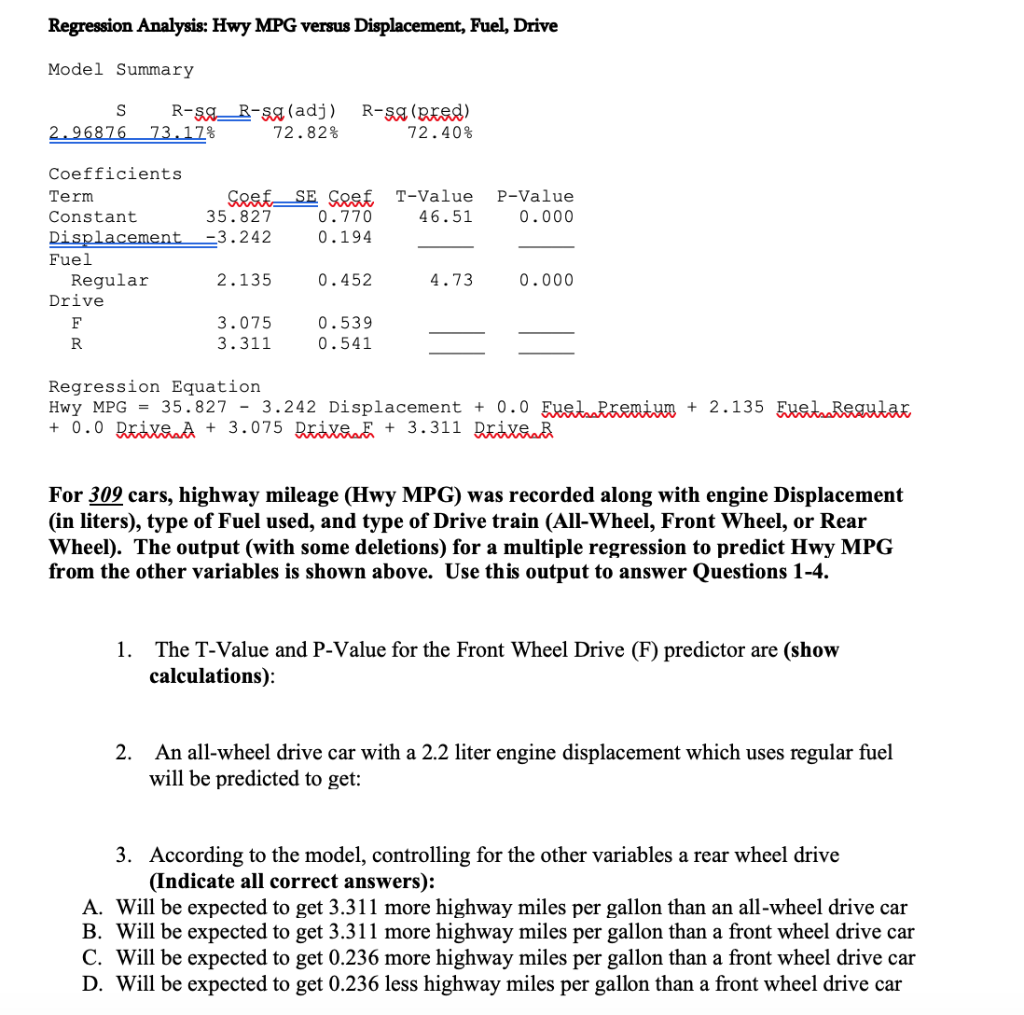 Solved Regression Analysis: Hwy MPG versus Displacement, | Chegg.com