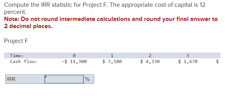 Solved Compute the IRR statistic for Project F. The | Chegg.com