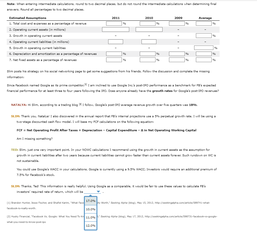 Note: When entering intermediate calculations, round | Chegg.com