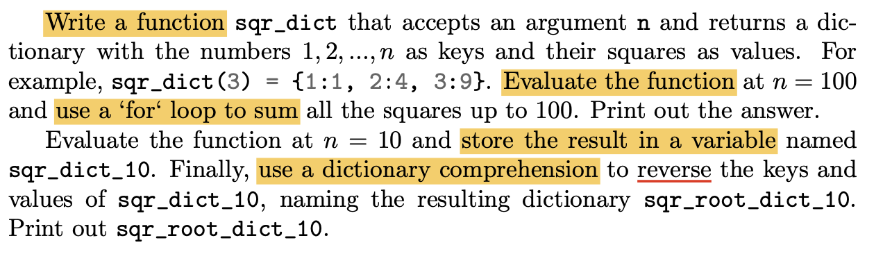 Solved Write a function sqr_dict that accepts an argument n | Chegg.com