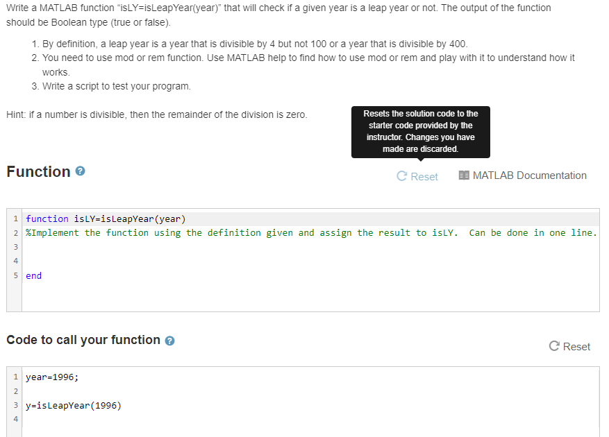 Solved Write a MATLAB function "isLY=isLeap Year(year)" that | Chegg.com