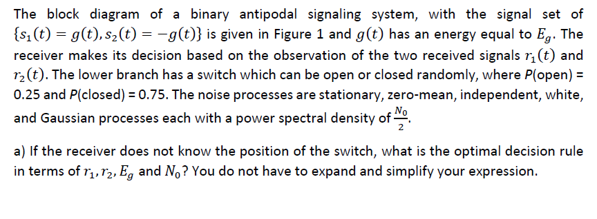Solved The block diagram of a binary antipodal signaling | Chegg.com