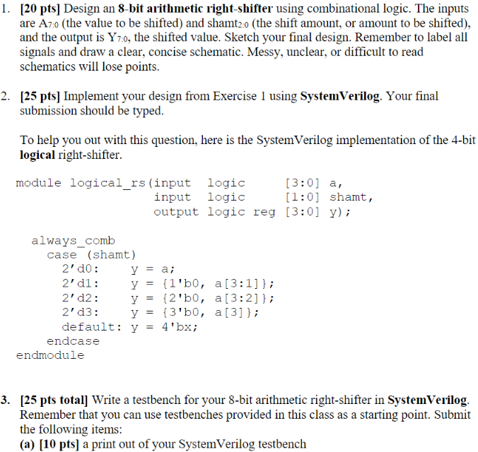1. [20 pts] Design an 8-bit arithmetic right-shifter | Chegg.com