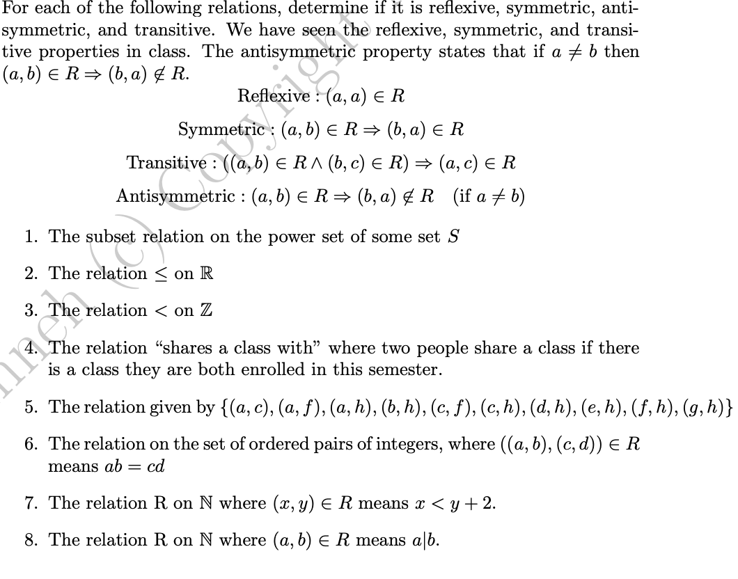 Solved For each of the following relations, determine if it | Chegg.com