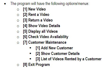 Solved The program will have the following options/menus: o | Chegg.com