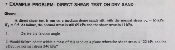 Solved - EXAMPLE PROBLEM: DIRECT SHEAR TEST ON DRY SAND | Chegg.com