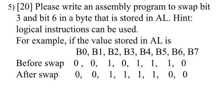 Solved 5) [20] Please write an assembly program to swap bit | Chegg.com
