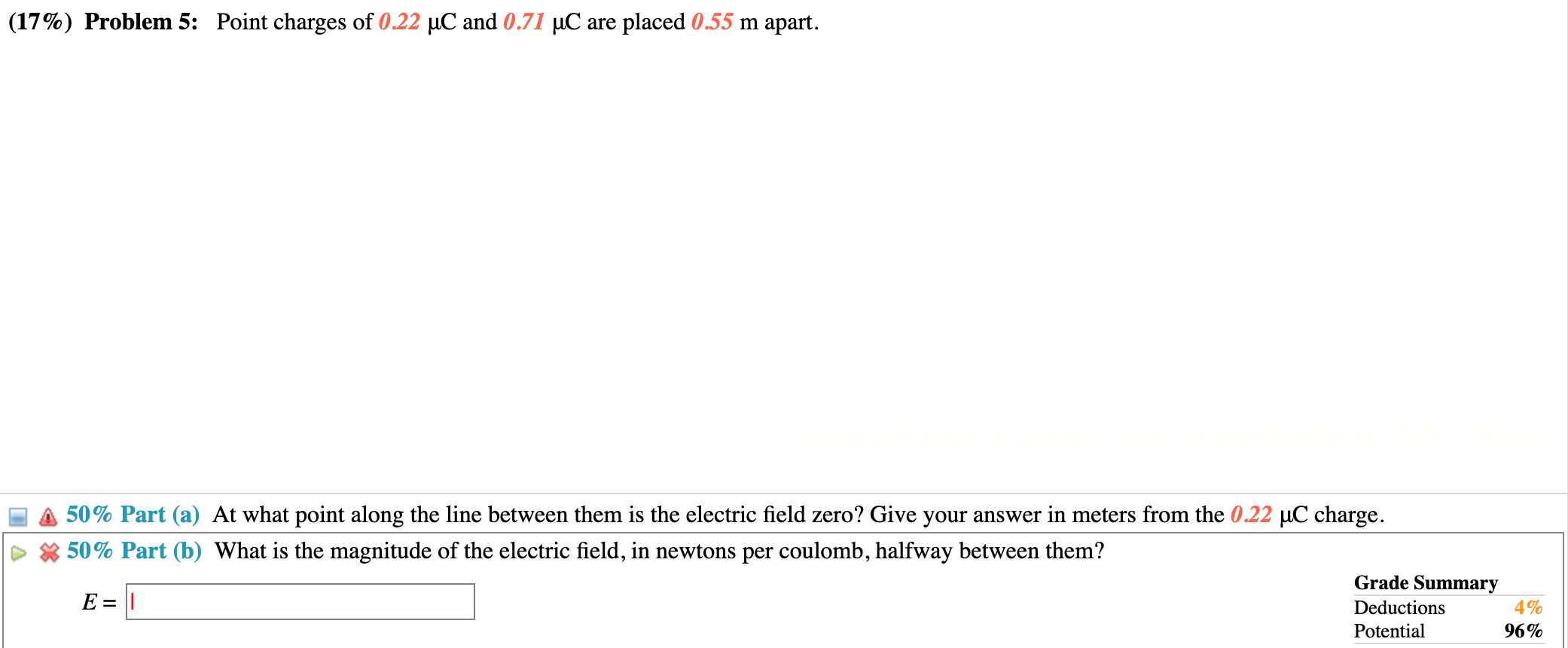 Solved (17\%) Problem 5: Point charges of 0.22μC and 0.71μC | Chegg.com