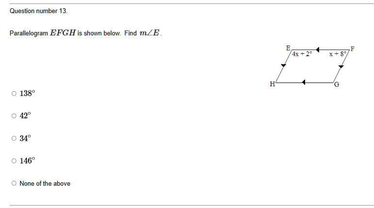 Solved Parallelogram EFGH is shown below. Find m∠E. 138∘ 42∘ | Chegg.com