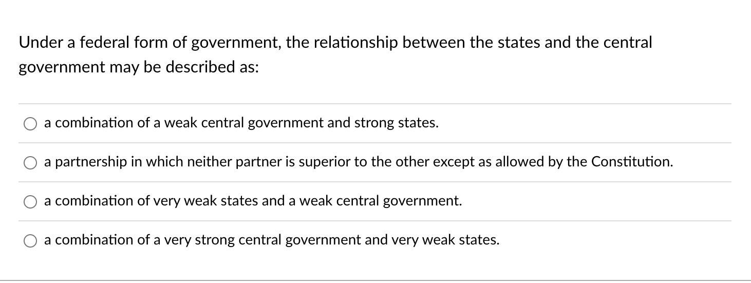 Solved Under a federal form of government, the relationship | Chegg.com