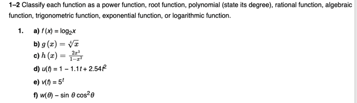 1-2 Classify each function as a power function, root | Chegg.com