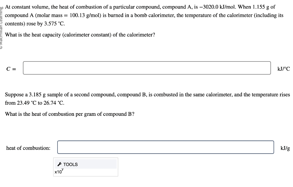 Solved At constant volume, the heat of combustion of a | Chegg.com