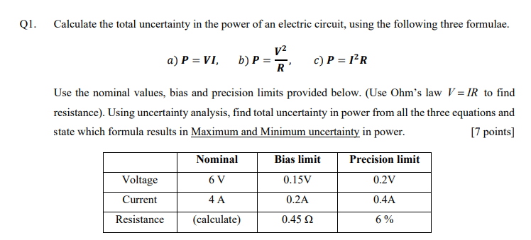 Solved Q1. Calculate the total uncertainty in the power of | Chegg.com