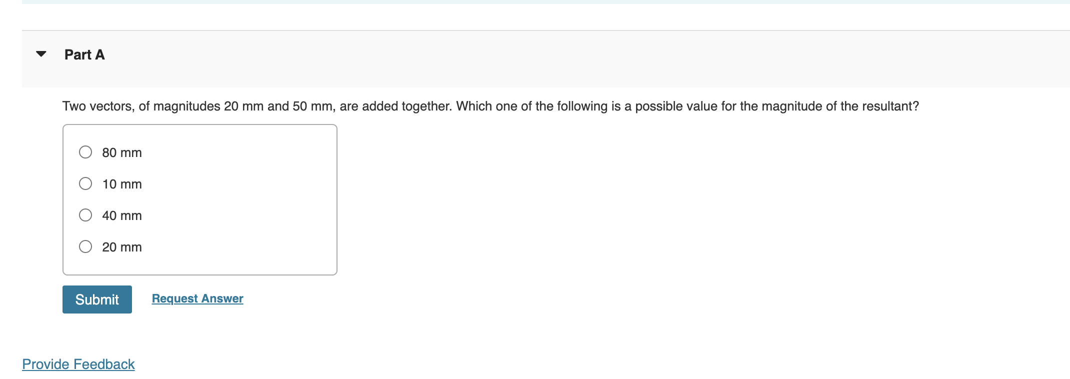 Solved Part ATwo vectors, of magnitudes 20 ﻿mm and 50 ﻿mm , | Chegg.com