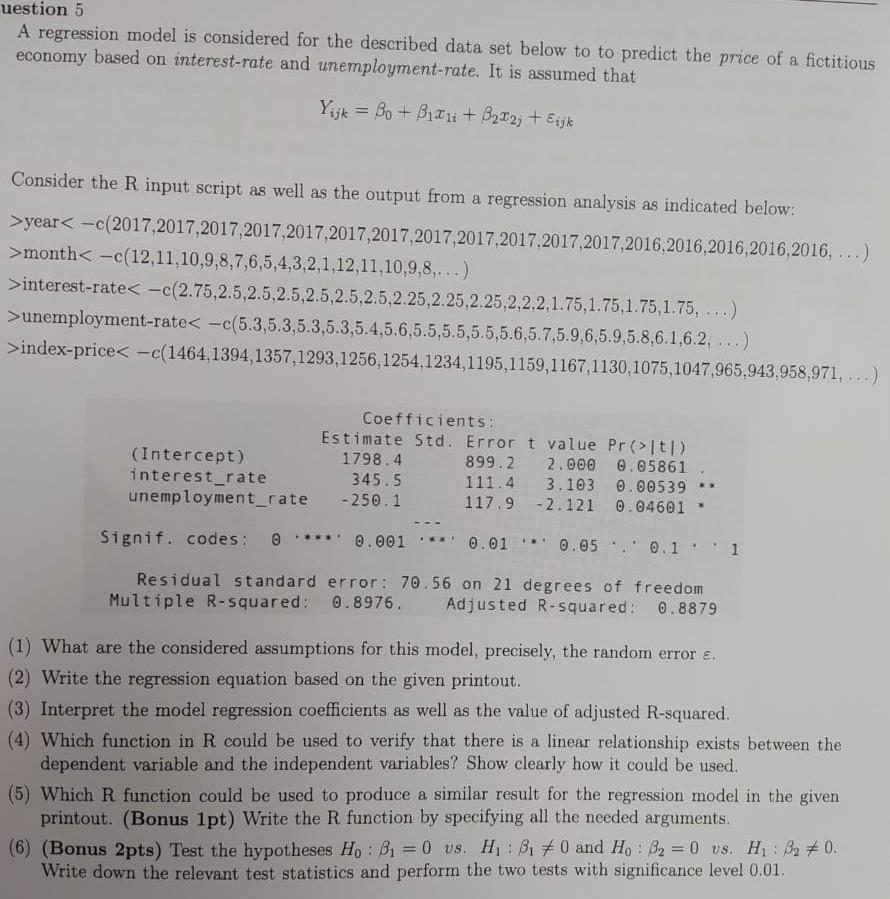 Solved A regression model is considered for the described | Chegg.com