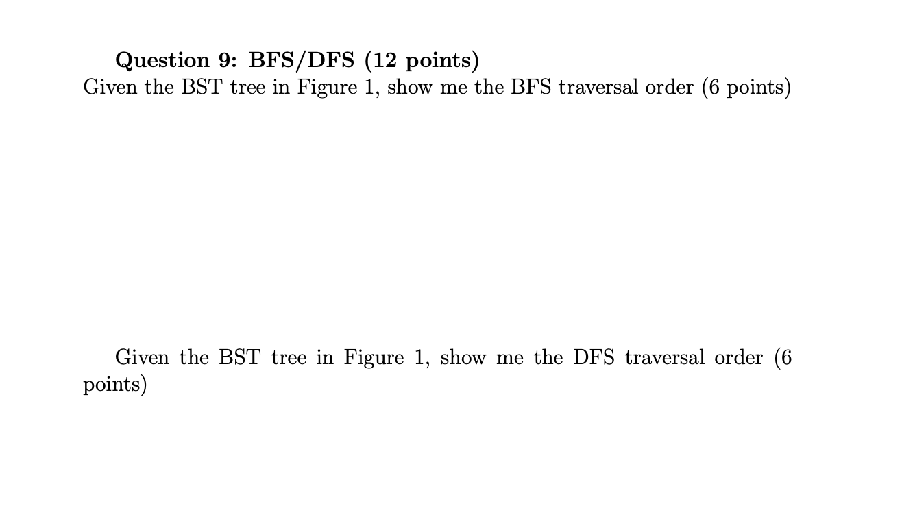 Solved Question 9: BFS/DFS (12 points) Given the BST tree | Chegg.com