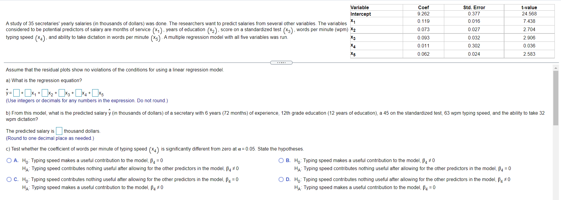 Solved Coef 9.262 Variable Intercept X1 A study of 35 | Chegg.com