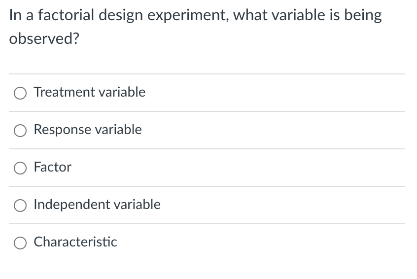 Solved In a factorial design experiment, what variable is | Chegg.com