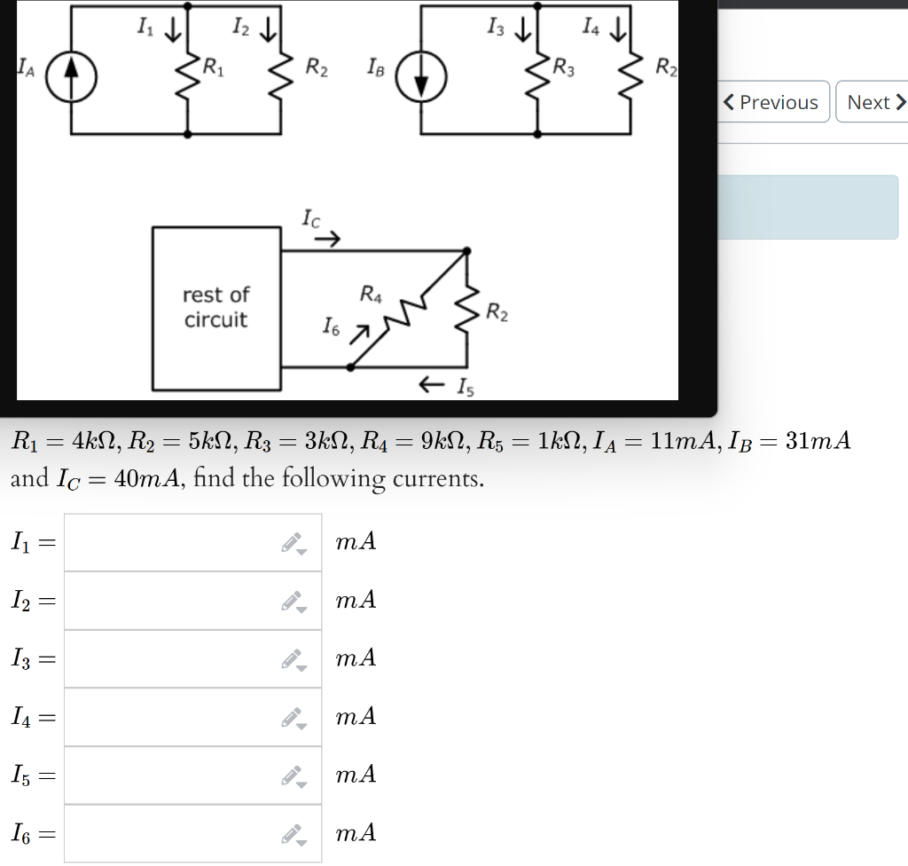 Solved R1=4kΩ,R2=5kΩ,R3=3kΩ,R4=9kΩ,R5=1kΩ,IA=11mA,IB=31mA | Chegg.com
