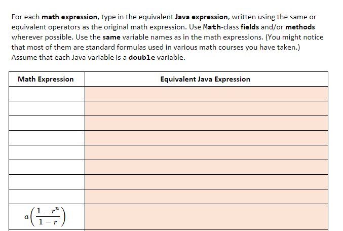 Solved For each math expression, type in the equivalent Java | Chegg.com
