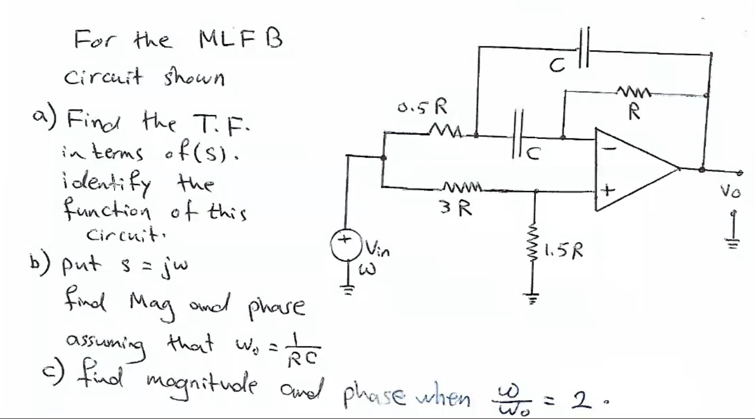 Solved For the MLFB Circuit shown 0.5R . a) Find the T.F. in | Chegg.com