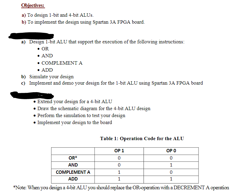Solved Objectives: a) To design 1-bit and 4-bit ALUs b) To | Chegg.com