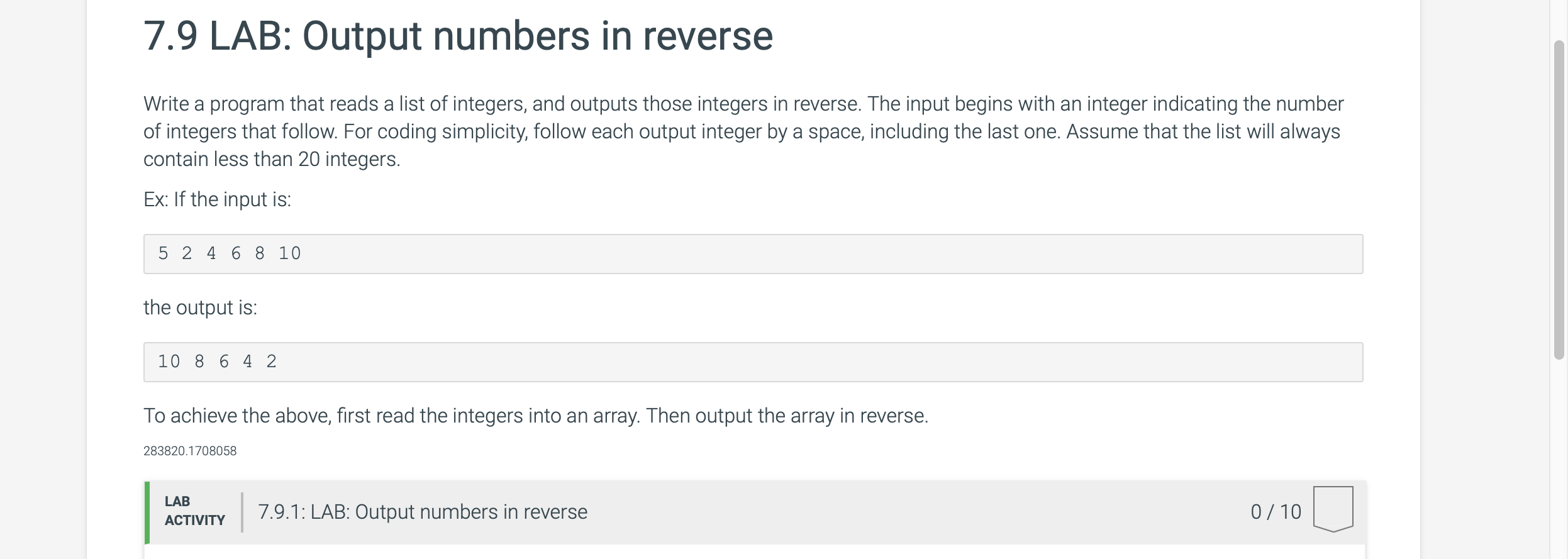 Solved 7 9 LAB Output Numbers In Reverse Write A Program Chegg