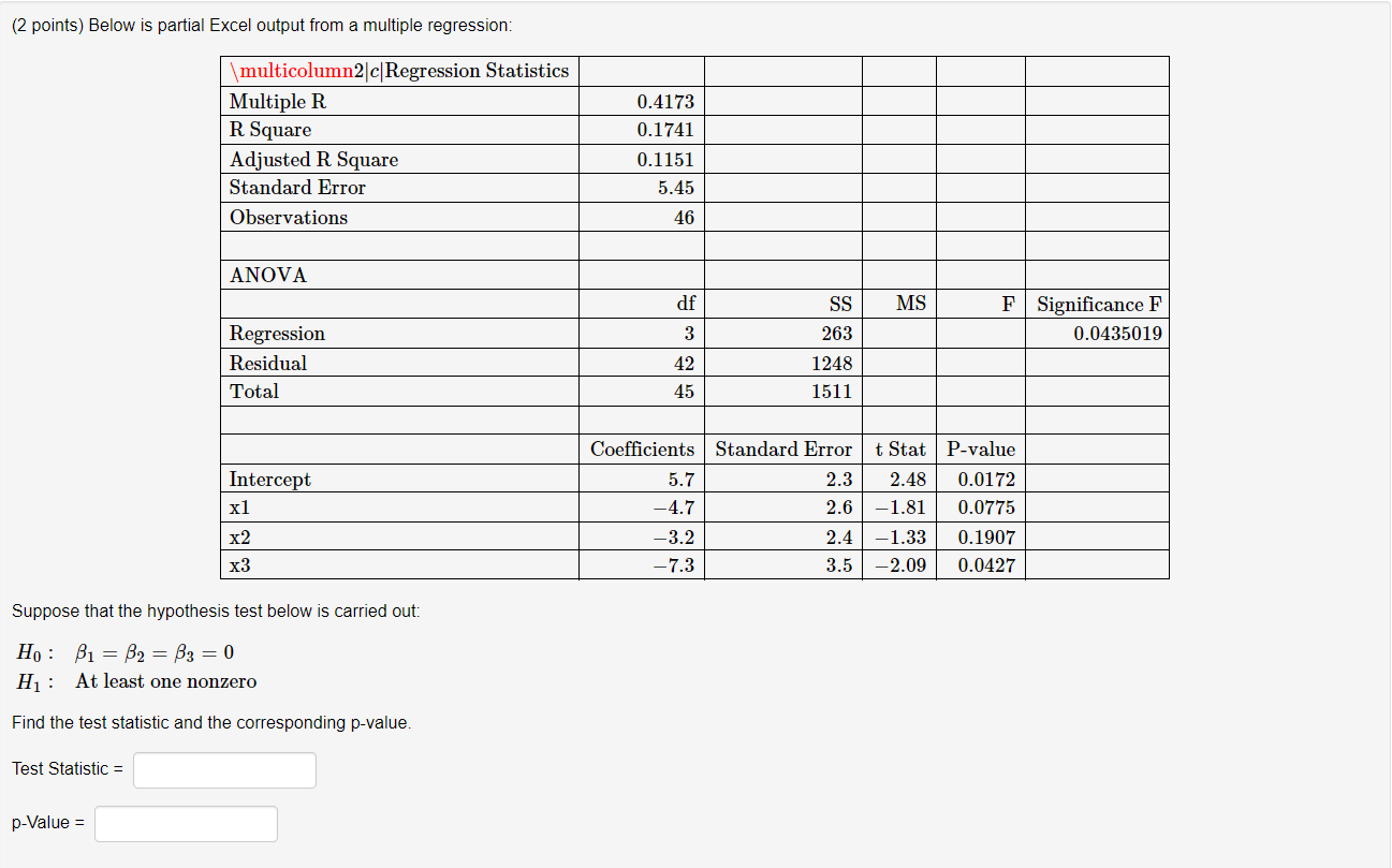 Solved (2 points) Below is partial Excel output from a | Chegg.com