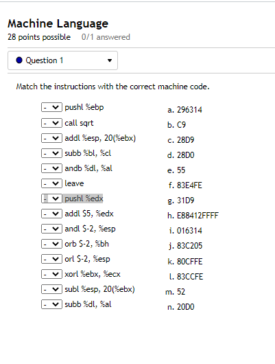 Solved Machine Language 28 points possible 0/1 answered | Chegg.com