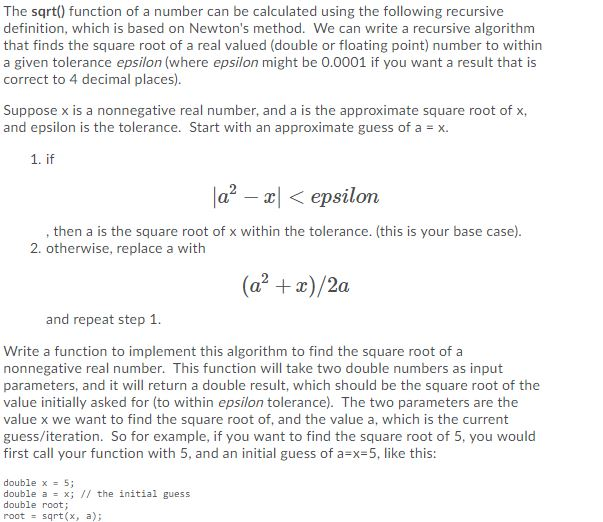 Solved The sqrt() function of a number can be calculated | Chegg.com