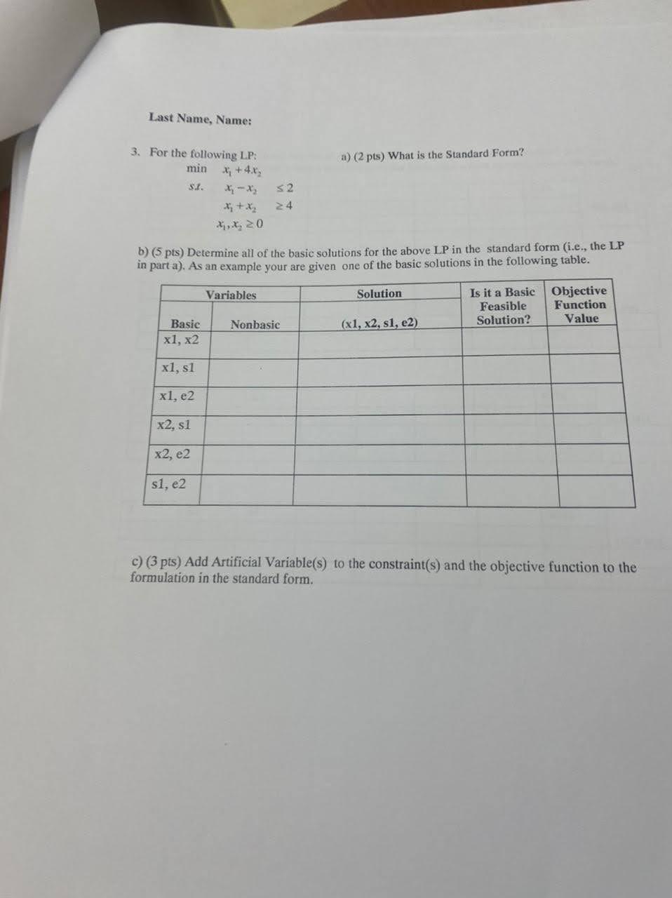 Solved Last Name, Name: a) (2 pts) What is the Standard | Chegg.com